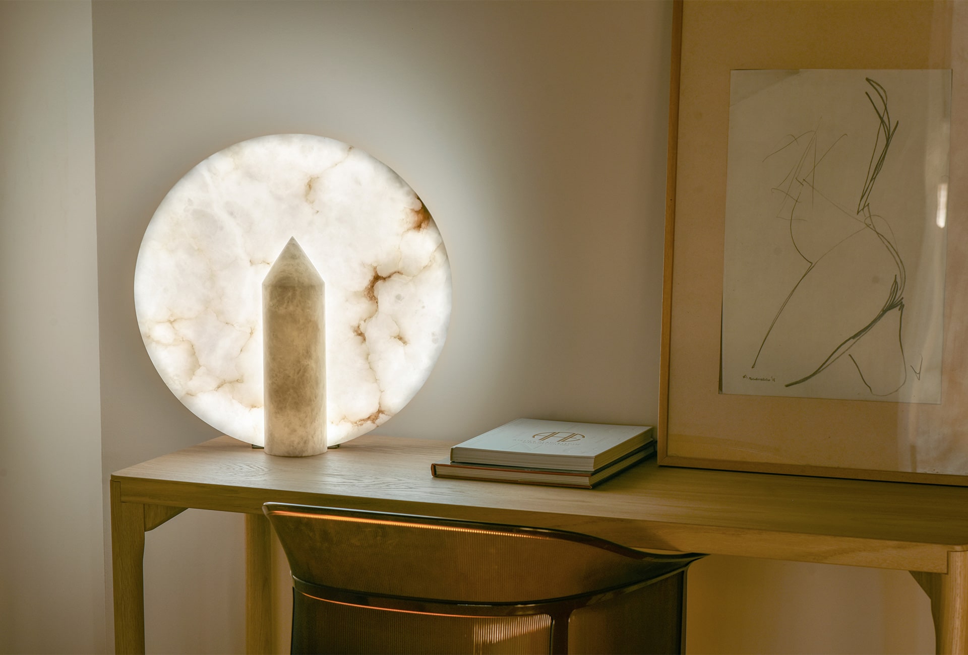 Alabaster imposes its soft minerality with sensitivity in the design